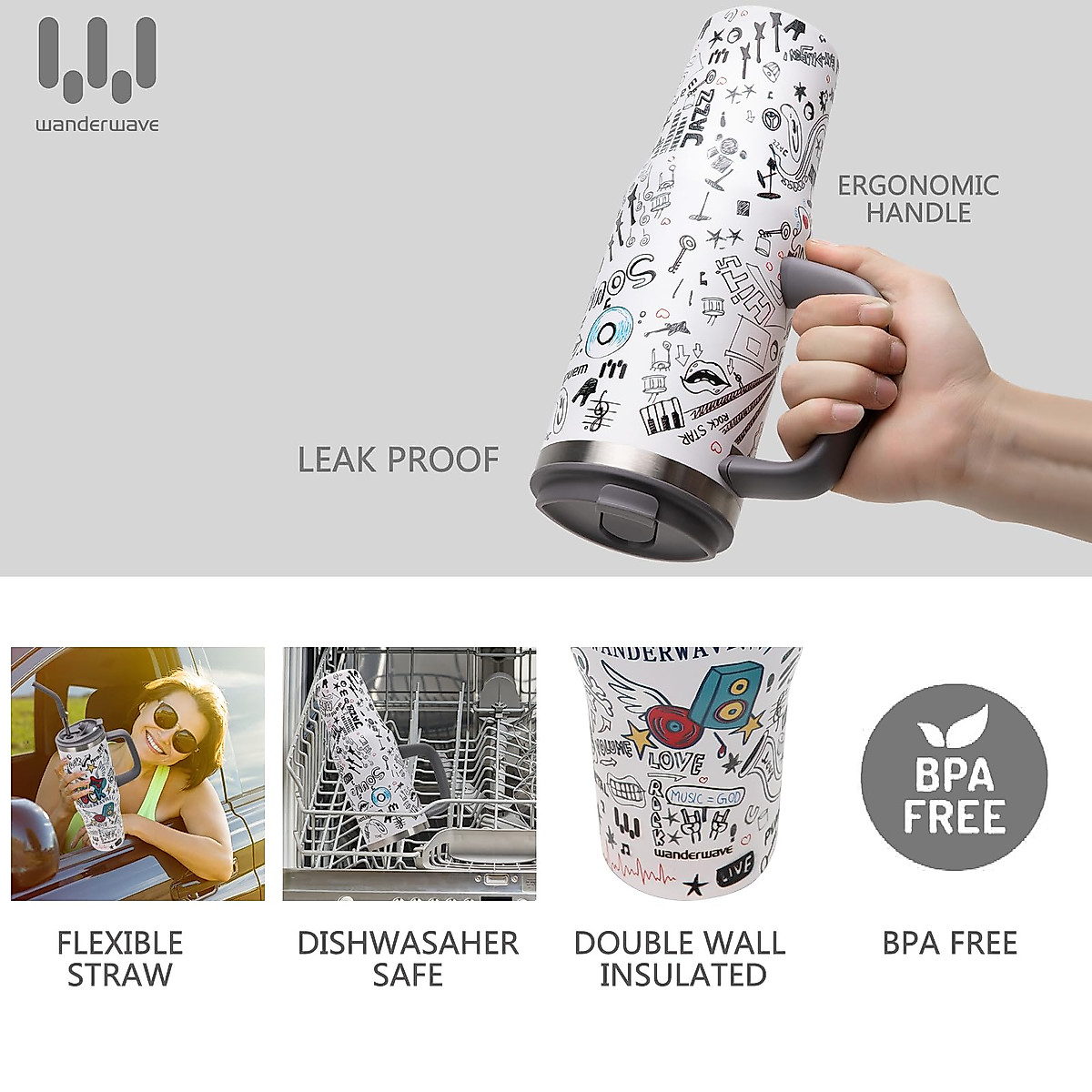 40 oz Insulated Tumbler with Handle, Stainless Steel Straw and silicone sleeves, Leakproof Travel Mug for Water, Iced Tea or Coffee, Insulated Cup Gifts for Women & Men, Music Pattern