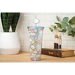 Silver Buffalo Care Bears Rainbow Hearts Stars Featuring Cheer Bear, Bedtime Bear, Funshine Bear, and Share Bear Watercolor Plastic Cold Cup with Lid and Straw Topper, 24 Ounces