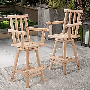 Mingyall Wooden Bar Stool Outdoor Set of 2, High Top Patio Wood Chair, Outsdie Swivel Bar Chair, Log Barstool for Bistro Lawn, Garden, Backyard, Natural Stained