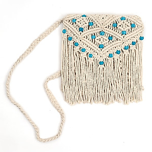Macrame Bag for Women & Girls, Crossbody Crochet Purse for Women with Beads, White Fishnet Bohemian Style Braided Macrame Handbag for Fashion & Everyday Use, Beige