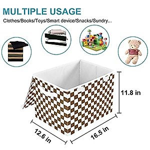 CaTaKu Chess Board Brown Storage Bins with Lids and Handles, Fabric Large Storage Container Cube Basket with Lid Decorative Storage Boxes for Organizing Clothes