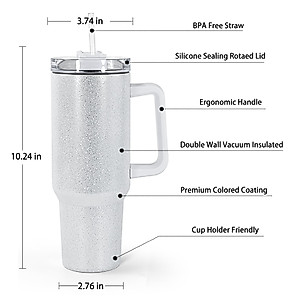 Icesip 40 oz Sublimation Glitter Tumblers 40 Pack with Handle Lid Stainless Steel Insulated Tumblers Blanks Insulated Double Wall Vacuum Reusable Cups for DIY