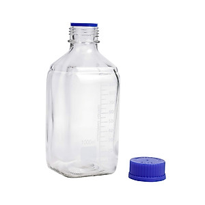 Moonetto 4 Pack 1000mL Graduated Square Media/Storage Glass Bottle With GL45 Blue Polypropylene Screw Cap