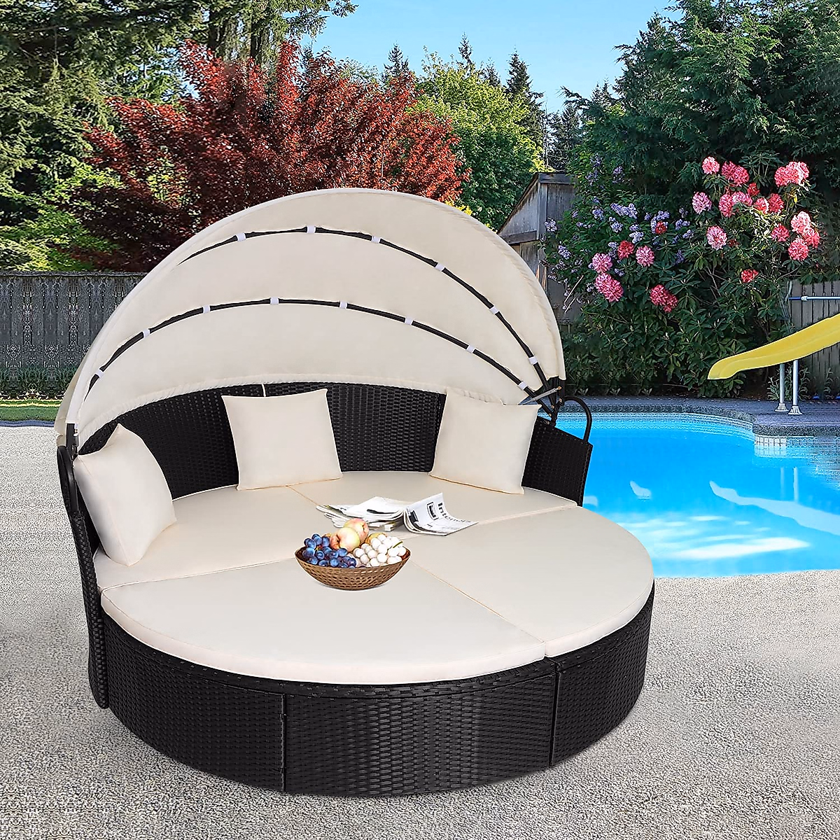 Outdoor Round Daybed Wicker Patio Furniture Outdoor Furniture with Retractable Canopy Rattan Separated Seating Sectional Sofa Khaki Washable Cushioned and Three Pillow for Patio Backyard Porch Pool