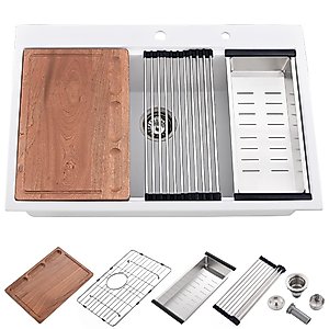 33 White Drop In Kitchen Sink Workstation-iAnomla 33x22 Drop-in Topmount Quartz Composite White Kitchen Sink Drop In Workstation Single Bowl Kitchen Sink with Cutting Board&Drain