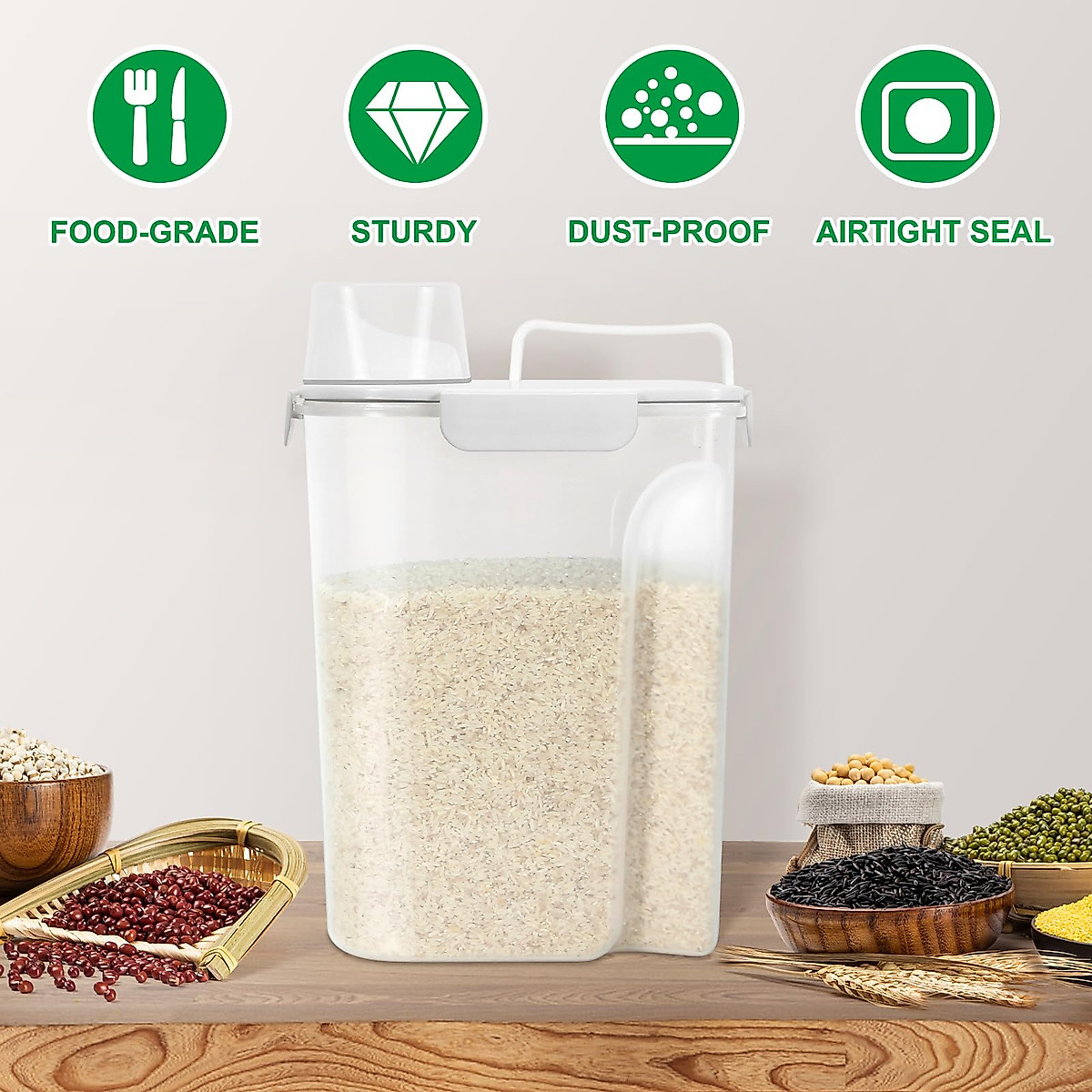 TBMax Airtight Rice Container 8 Lbs -10 Lbs, Cereal Container Dispenser, Pet Cat Dog Food Storage Container, Plastic Kitchen Pantry Food Storage Container with Cup -White