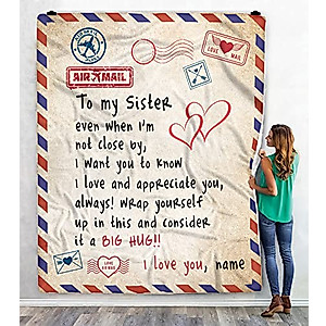 Personalized Air Mail Letter to My Sister Throw Blanket, Gift to My Big Sister from Little Brother,Customized Name,Gift to My Sister Blanket from Brother,Custom Blanket for Birthday, Christmas