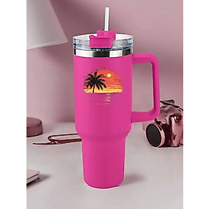 40 ounce insulated cup with handle, double-layer vacuum stainless steel material, equipped with straw, can keep warm or maintain cold drinks Dusk Sunset Palm Trees Sunset Bright pink