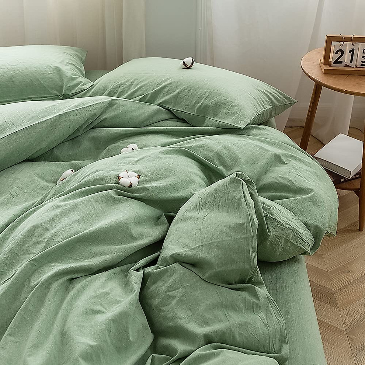 FACE TWO FACE Bedding Duvet Cover Set 3 Pieces 100% Washed Cotton Duvet Cover Linen Like Textured Breathable Durable Soft Comfy (Full, Green)