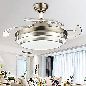 Modern Ceiling Light with Fan Remote Control Retractable Blades 3 Color Lighting 3 Speed Chandelier Light Retractable Invisible Blade for Living Room Bedroom Basement Restaurant Dining Room (42-Inch)