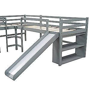 GLORHOME L-Shaped Twin Size Loft Bed, Space Saving Corner Loftbed Frame with Slide, Movable Two-Tier Shelves and Full-Length Guardrail for Kids,Modern Bedroom Furniture, Grey (Low loft Bed)