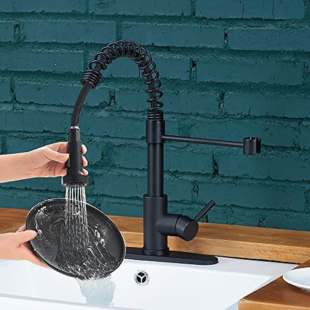 Black Kitchen Faucet, Matte Black Kitchen Faucet with Pull Down Sprayer,Commercial Spring Single Handle Kitchen Sink Faucet, Farmhouse Camper Laundry Utility Rv Bar Sink Faucet TDLKF026BD