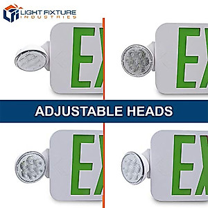 LFI Lights | Combo Green Exit Sign with Emergency Lights | White Housing | All LED | Two Adjustable Round Heads | Hardwired with Battery Backup | UL Listed | (2 Pack) | COMBOJR2-G