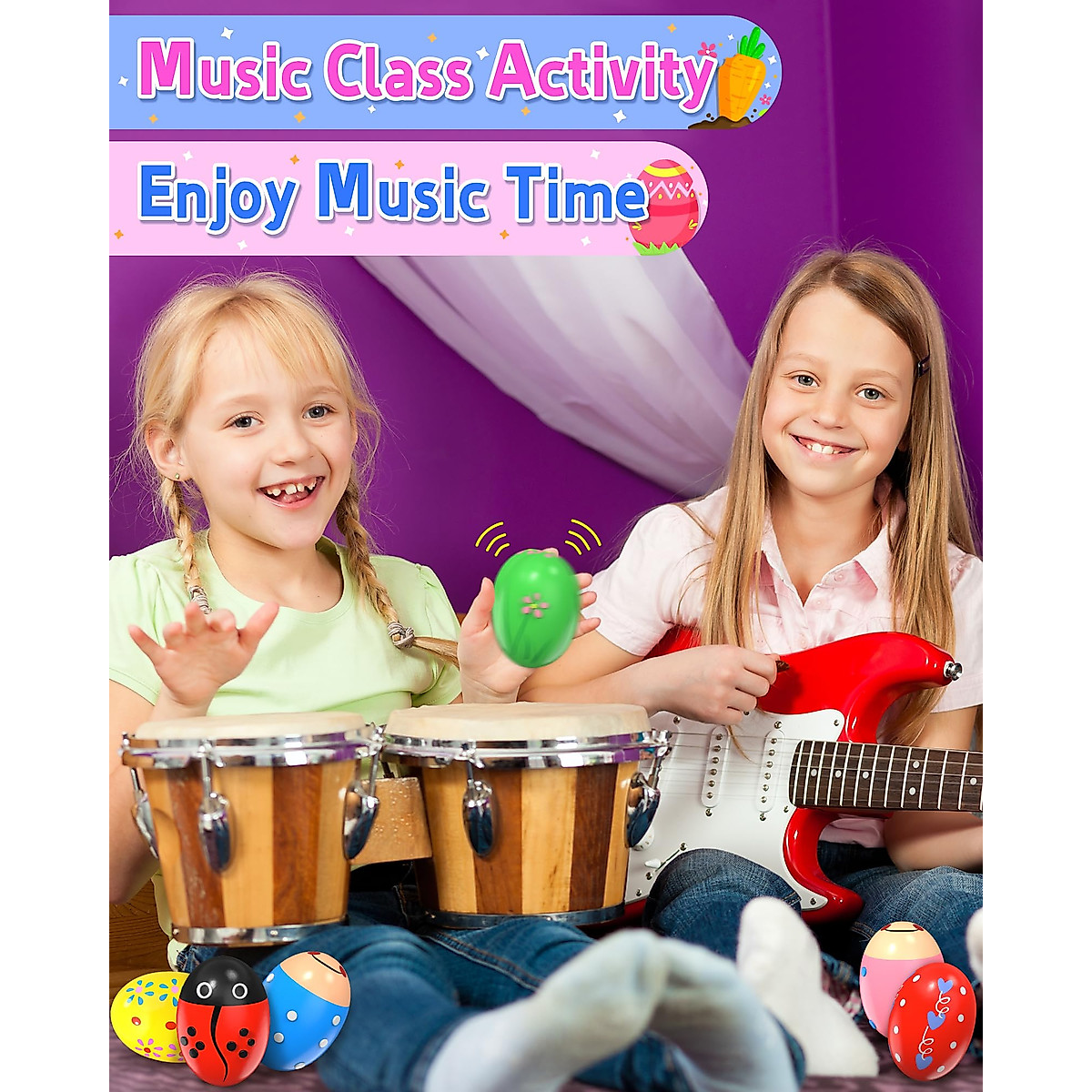 6 Pack Wooden Percussion Musical Shaker Prefilled Easter Eggs with Toys Inside Filled, Toddlers Easter Basket Stuffers Egg Fillers Montessori Toys Gifts for Kids Boys Girls Babies