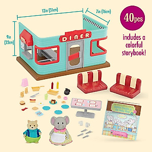 Li'l Woodzeez – Li'l Nibbles Drive Thru Diner – 40Pcs Dollhouse Playset – 2 Posable Doll Figures & 1 Storybook Included – Miniature Food & Accessories – Stackable Playset for Kids 3+