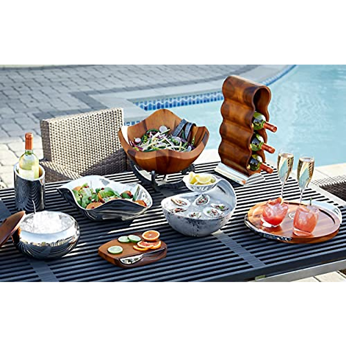 Nambe - Serveware Collection - Canu Chip N Dip Server with Dip Bowl - Measures at 22" x 5.5" - Made with Acacia Wood and Nambe Alloy - Designed by Scott Henderson