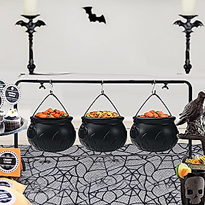 Halloween Decor - Halloween Party Decorations - Set of 3 Witches Cauldron Serving Bowls on Rack - Black Plastic Hocus Pocus Candy Bucket Cauldron for Indoor Outdoor Home Kitchen Decoration