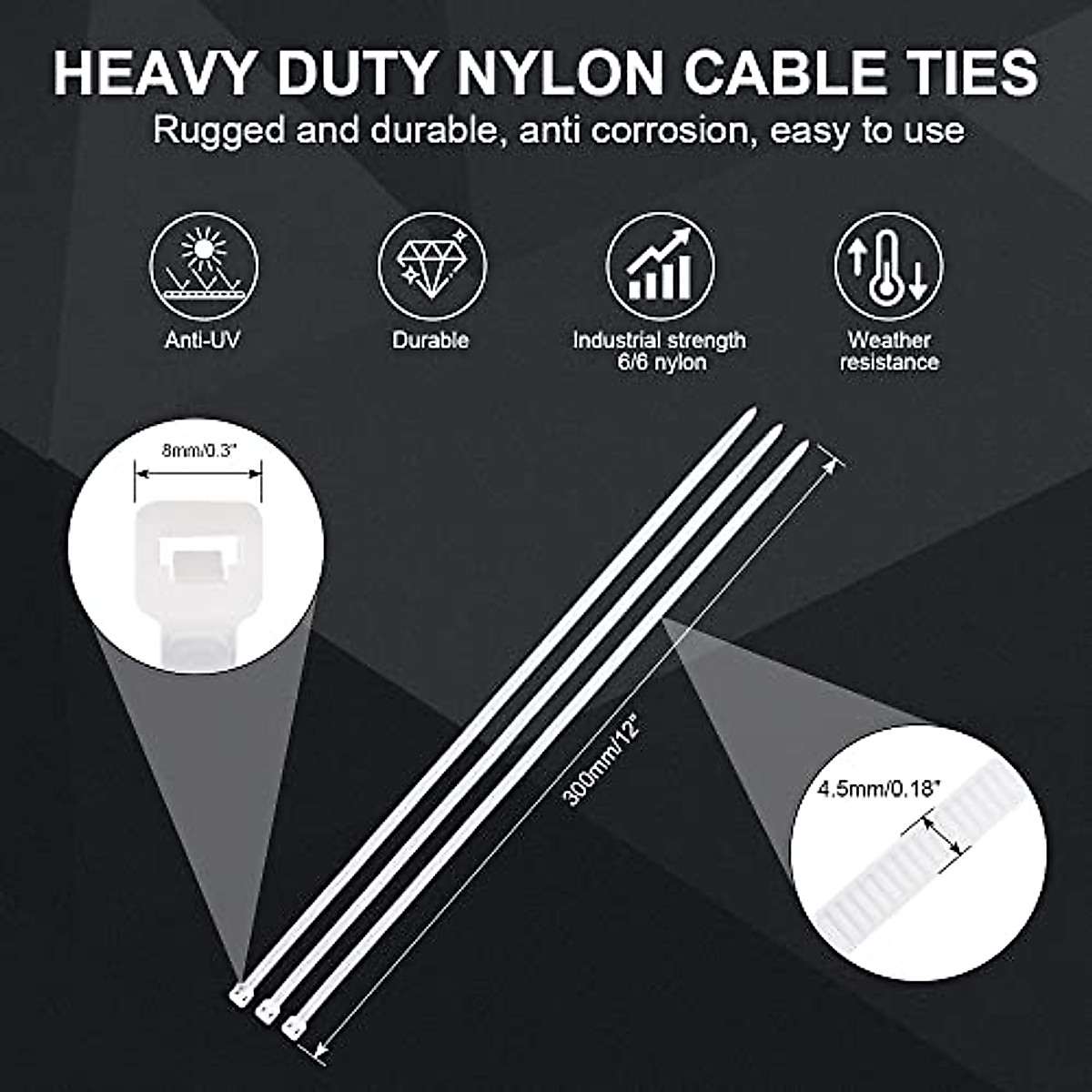 12 Inch Zip Cable Ties (100 Pieces), Self-Locking Premium Nylon Cable Wire Ties,Heavy Duty White, for Indoor and Outdoor by Boacua