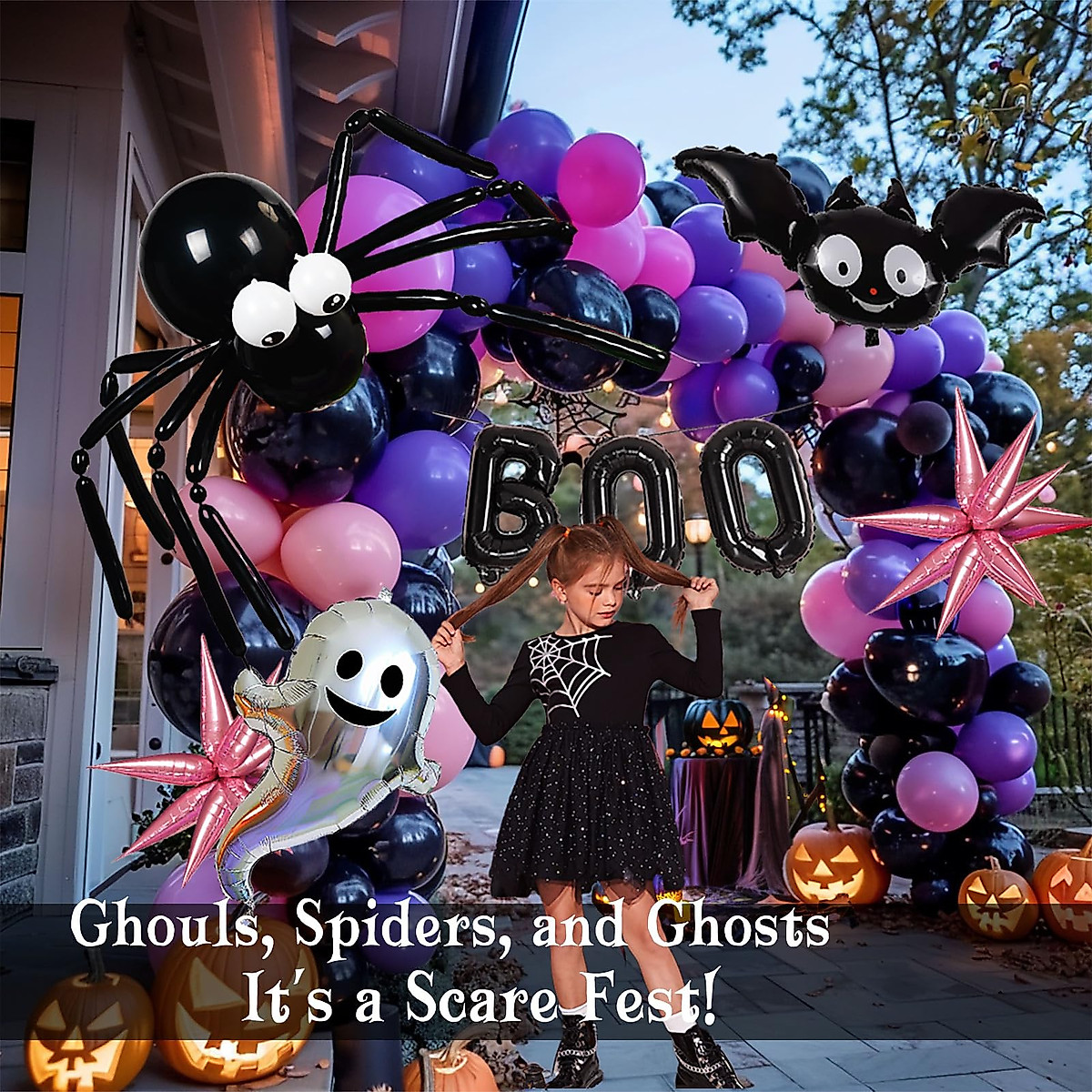 Pink Purple black Halloween balloon garland arch kit 130+pcs with BOO ghost bat DIY Spider mylar balloon for Halloween theme spooky one birthday Party & fall girl baby shower party decorations