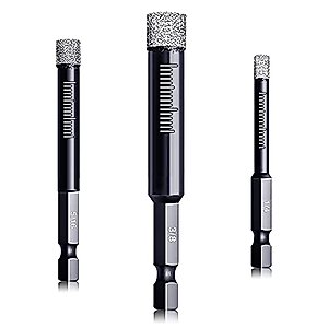 Dry Diamond Drill Bits Set 3 Packs for Granite Porcelain Tile Ceramic Marble Size 1/4“ (6mm), 5/16” (8mm), 3/8” (10mm), with Quick Change 1/4” Hex Shank and Storage Cases
