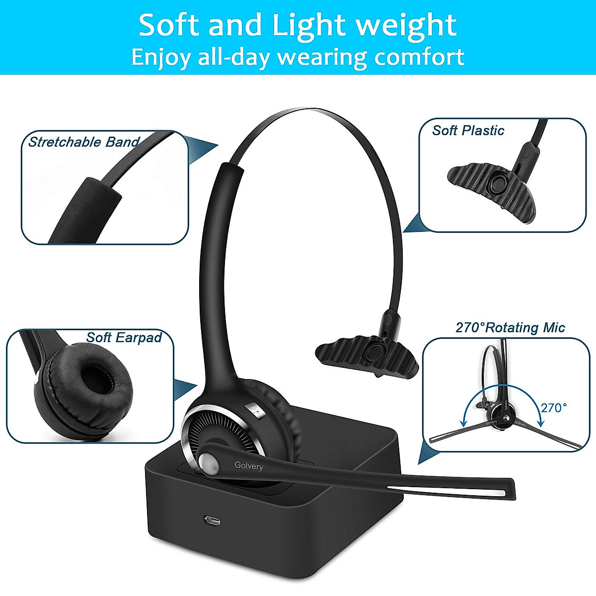 Golvery Bluetooth Headset with Mic for Phone, Office Wireless On-Ear Headphones for Office Call Center PC Skype, Noise Cancelling Mic, 15 Hours Talking Time, 200 Hrs Standby, Multi-Point, Mute ON/Off