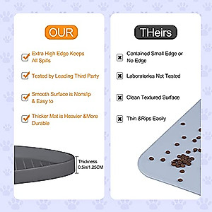 Yacee Silicone Dog Food Mat Waterproof, Easy Clean in Dishwasher, Pet and Cat Mats 0.5" Raised Edges, Placemat Tray to Stop Food Spills and Water Bowl Messes on Floor Large (Small, Gray)