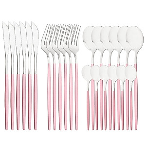 Snplowum Mirror Cutlery Serving Set, 24-piece 18/0 Stainless Steel Silverware With Pink Handle Simple & Modern Tableware For Home Party Restaurant Christmas Dinner, Service For 6 (Pink Silver)