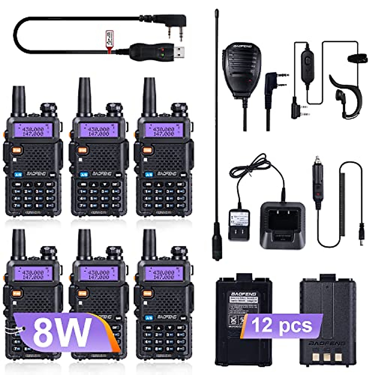 BaoFeng Radio UV-5R Ham Radio (6 Pack) 144-148Mhz/420-450Mhz + 1pcs TIDRADIO Driver Free Programming Cable + 12pcs 1800mAh Batteries BaoFeng Walkie Talkie
