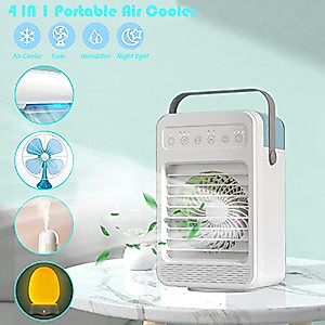 Portable Air Conditioner, 120°Oscillating Evaporative Personal Air Cooler with 4 Speeds Rainbow LED Light,2 Spray Humidify,2/4/6H Timer,600ml Tank,Low Noise, Desktop Office, Home, Bedroom, Dormitory