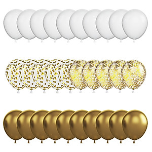 GREMAG White and Gold Balloons, 12inch Metallic Gold White Confetti Gold Balloon Kit with Ribbons, 60Pcs Latex Balloons for Birthday Wedding Engagement Bridal Shower Anniversary Graduation Baby Shower