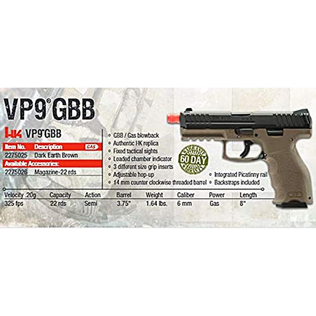 HK Heckler & Koch VP9 GBB Blowback 6mm BB Pistol Airsoft Gun, FDE