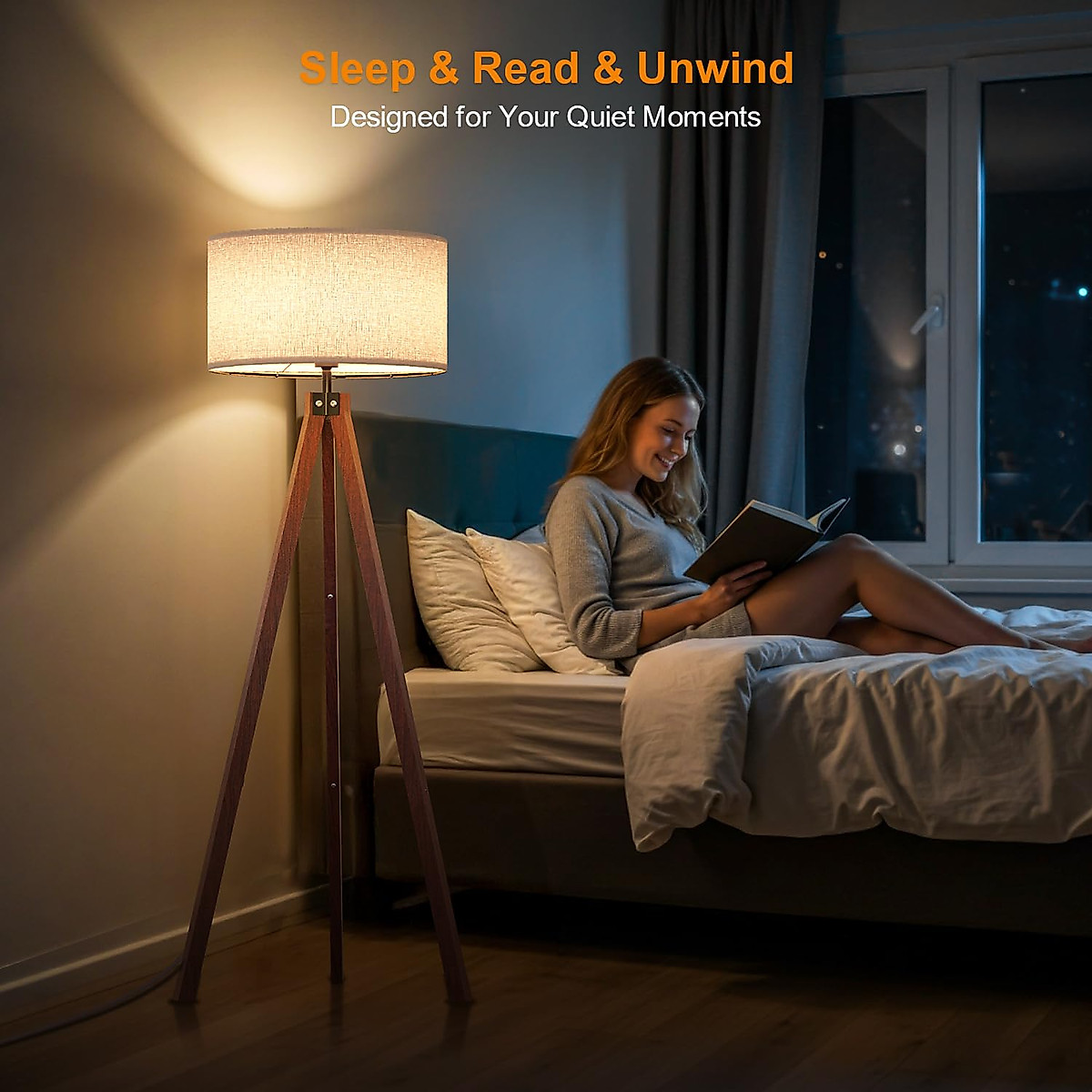 LEPOWER Wood Tripod Floor Lamp, Mid Century Standing Lamp, Modern Design Studying Light for Living Room, Bedroom, Study Room and Office, Flaxen Lamp Shade with E26 Lamp Base