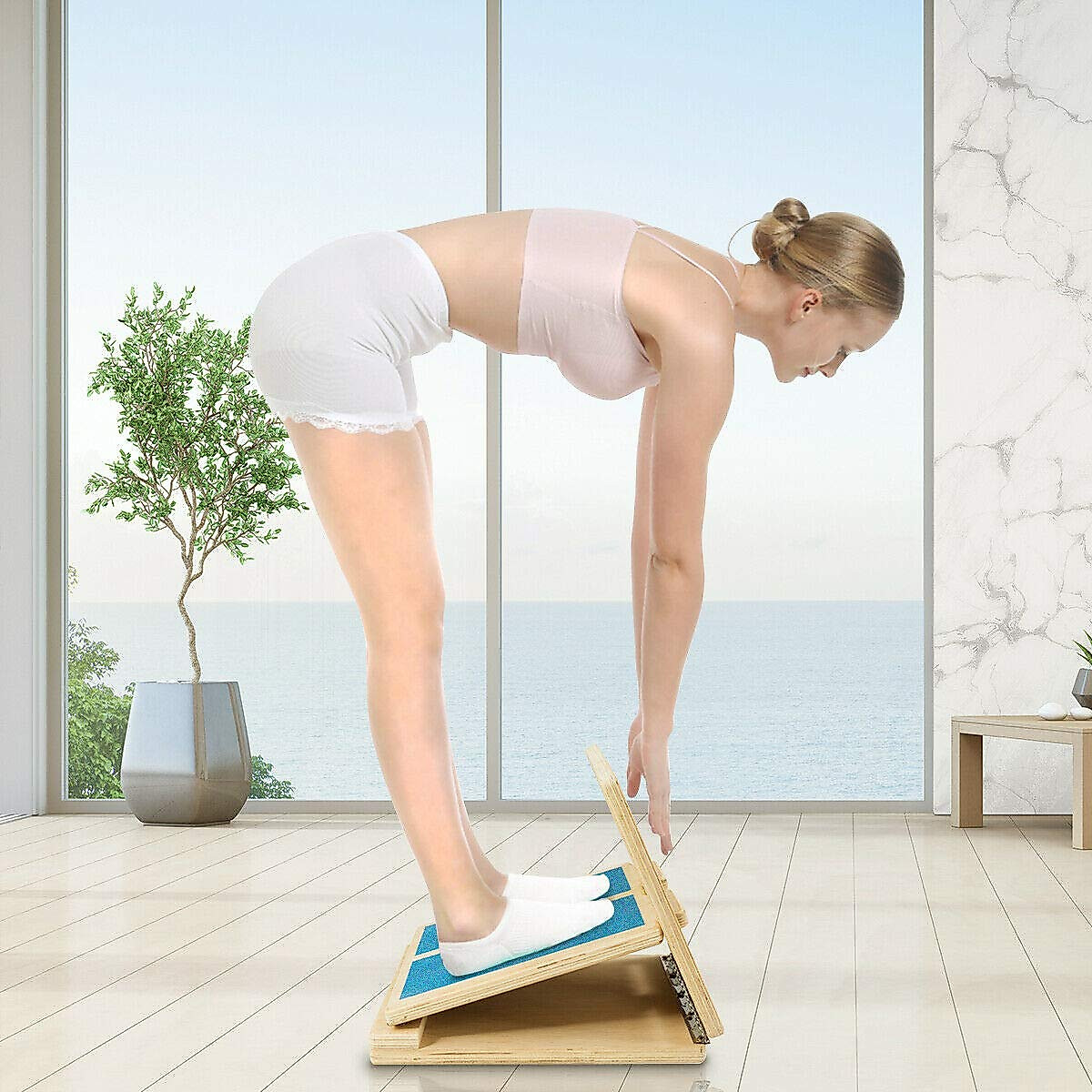 Goplus Wooden Slant Board, 4-level Adjustable Incline Stretch Board with Anti-skid Surface, 350lbs Weight Capacity Calf Stretcher for Squats, Calf Stretching