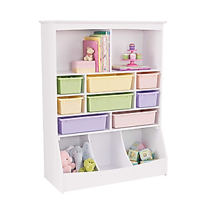 KidKraft Wooden Wall Storage Unit with 8 Plastic Bins and 13 Compartments - White, Gift for Ages 3+