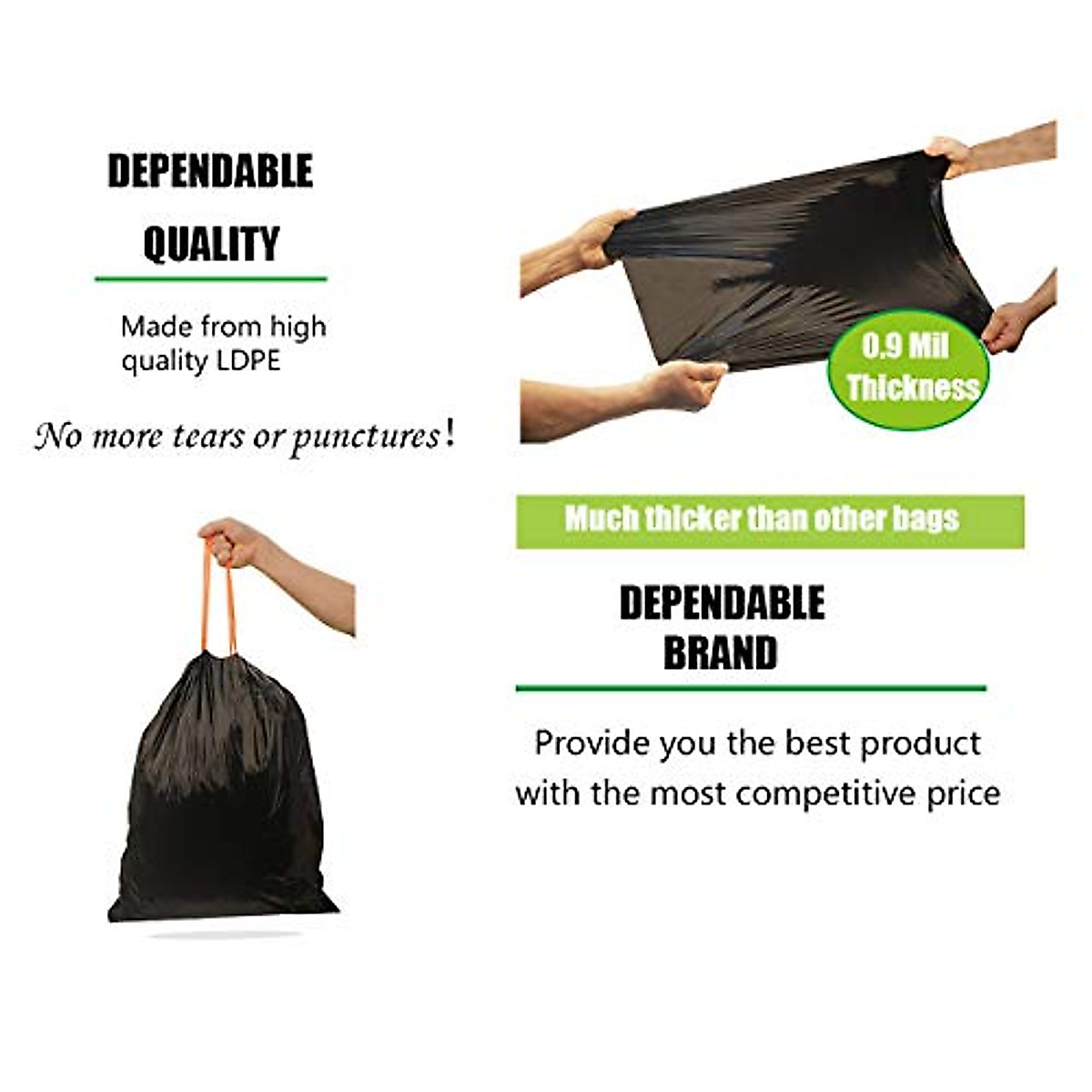 Besli 8 Gallon Black Drawstring Trash Bag Garbage Bag Trash Can Liner,0.9 Mil,90 Counts