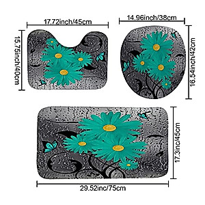 4Pcs Green Daisy Shower Curtain Sets with Non-Slip Rugs, Toilet Lid Cover and Bath Mat, Floral Butterfly Bathroom Decor Set Accessories Waterproof Shower Curtains with 12 Hooks, 72 x 72 Inch