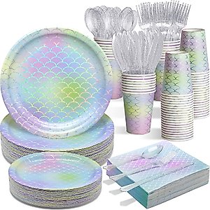 Tiblue Mermaid Party Supplies - 350PCS Disposable Dinnerware with Mermaid Paper Plates Napkin Cups Gold Plastic Fork Knives Spoon for Girls Birthday Baby Shower Ocean Theme Summer Graduation Party