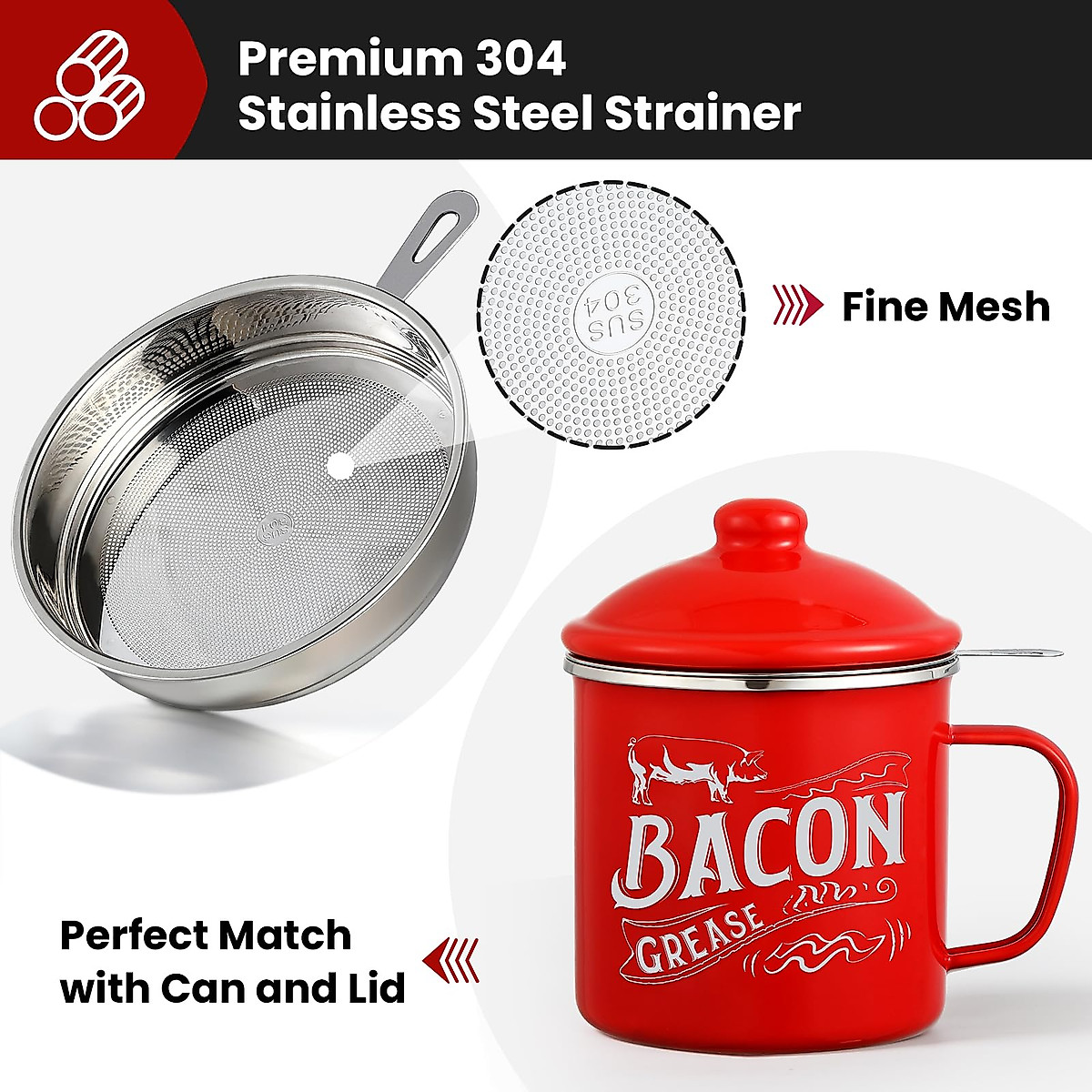46OZ LARGE Bacon Grease Saver with Fine Mesh Strainer & Handle - Enamel Oil Keeper Container, Bacon Fat Dripping Can - Farmhouse Kitchen Gift & Decor Cooking Accessories - Red, Style 1