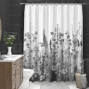 SUMGAR Black and White Shower Curtain with Grey Flower, Wildflower Floral Fabric Shower Curtains Set for Farmhouse Rustic Bathroom with Hooks, 72x72 Inches