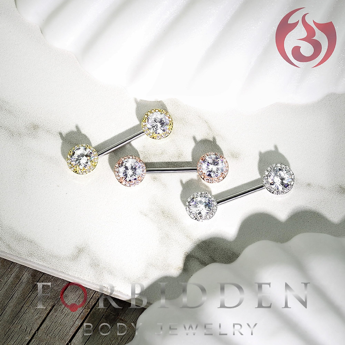 Forbidden Body Jewelry Fancy CZ Halo Frame Surgical Steel Nipple Barbells Set