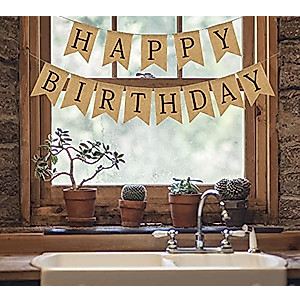Burlap Happy Birthday Banner, Assembled Birthday Party Decorations for Men Women