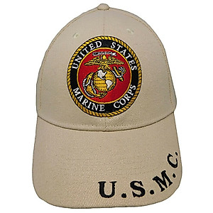 US United States Marine Corps U.S.M.C. Round Emblem Logo Khaki Adjustable Embroidered Cotton Hat Cap - Officially Licensed
