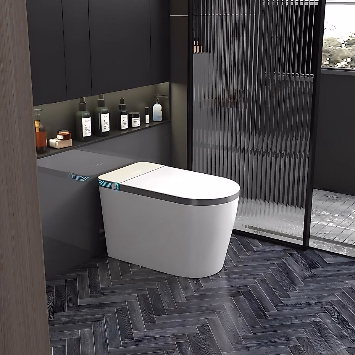 Captiva Smart Bidet Toilet with Voice Command - Fresh Air Filtration System - Heated toilet Seats - Elongated Floor Mount Toilet Smart Concealed Water Tank LED Display - Power Off Flush