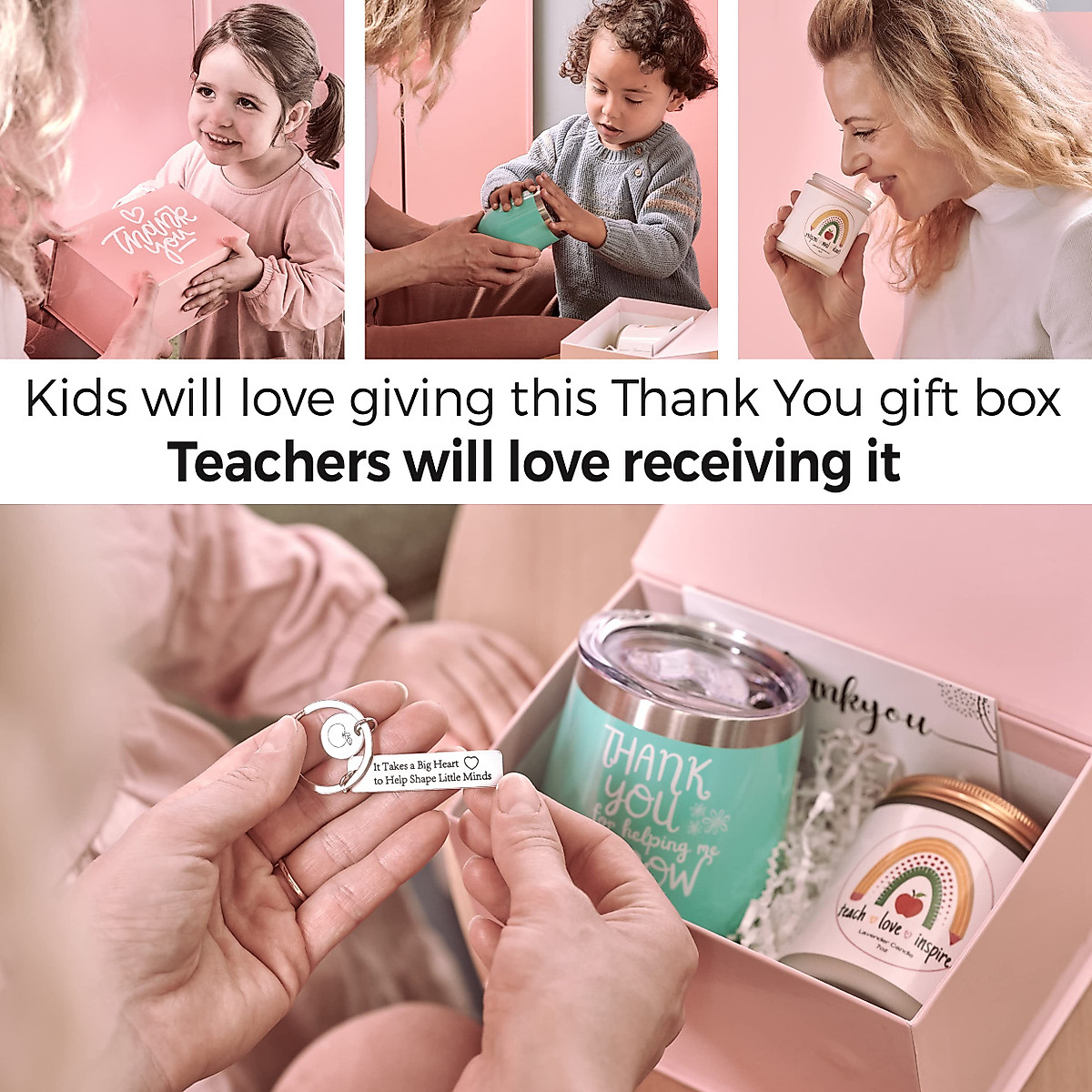 Little Mindings End of Year Teacher Gifts | Teachers Appreciation Gift Sets | Teacher Gift Set for Women: 12oz Tumbler, Thank You Candle, Keychain, Thank You Teacher Card