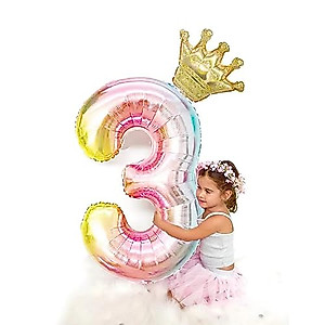 40-Inch Rainbow Gradient Number 3 Crown Balloons Set, 3rd Birthday Decorations, 3rd Birthday Balloons,3th Anniversary decorations. (3)