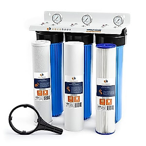 Aquaboon 3-Stage Whole House Water Filter System w/Wrench, Iron White Coated Bracket & Pressure Gauges & Release Buttons (1" Port) - w/СTO & PP Polypropylene & Pleated Sediment Water Filter Cartridges