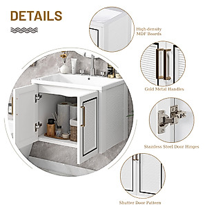 Polibi 24" Wall Mounted Bathroom Vanity with Ceramic Basin, Two Shutter Doors, Solid Wood & MDF Board, Modern Hanging Bath Cabinet