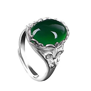 Duan 925 Sterling Silver Green Agate Crystal Ring Emerald Vintage Inlaid Chalcedony Index Finger Opening Adjustable Female Ring