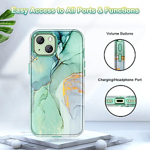 Btscase for iPhone 15 Case 6.1 inch (2023), Marble Pattern 3 in 1 Heavy Duty Shockproof Full Body Hard PC+Soft Silicone Drop Protective Women Girls Cover for iPhone 15, Green