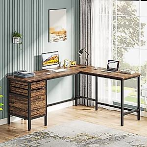 Tribesigns L Shaped Desk with File Drawer Cabinet, 59 Inch Corner Desk L Shaped Computer Desk with Drawers, PC Table Writing Desk for Home Office, Rustic Brown